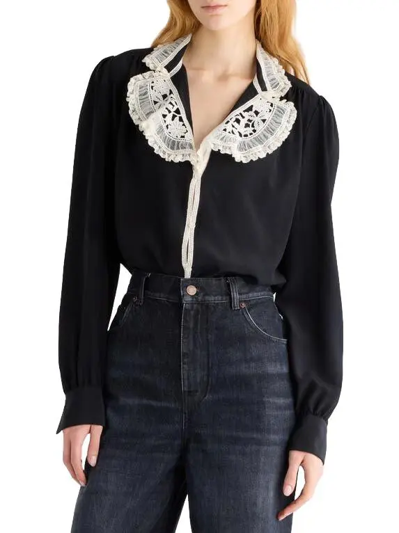 Chloé Silk Crêpe De Chine & Lace Ruffle Collar Button-up Shirt - Black
