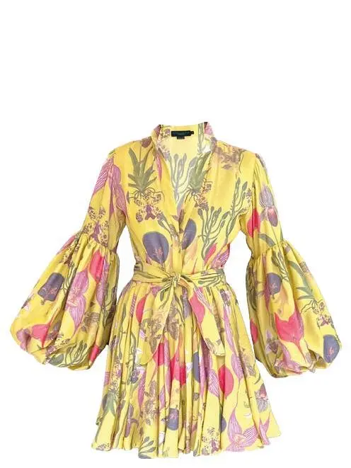 NO PISE LA GRAMA Carta Y Letra Mini Dress - Botanica Yellow Print