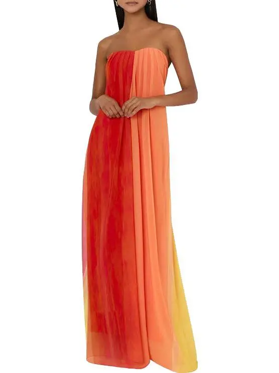MILLY Sunset Stripe Pleated Strapless Maxi Dress - Coral Multi