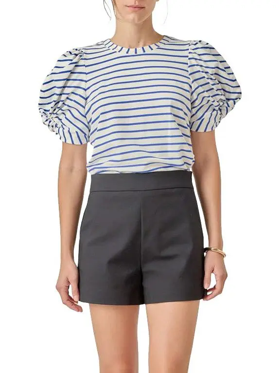 English Factory Stripe Puff Sleeve Stretch Cotton Top - White/blue