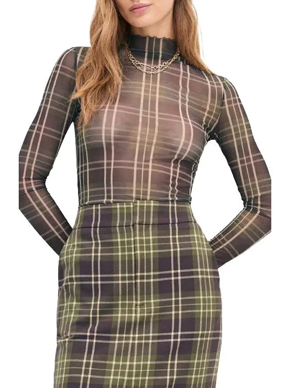 FAVORITE DAUGHTER Sheer Fantasy Mock Neck Top - Countryside Plaid