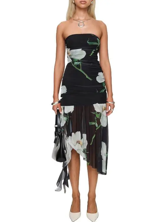 Princess Polly Floral Mesh Strapless Midi Dress - Black Multi