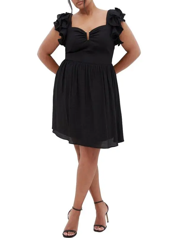 City Chic Alma Notched Ruffle Sleeve Mini Dress - Black