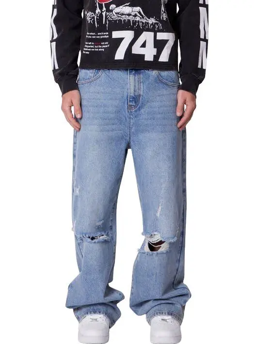 Mnml Blowout Baggy Ripped Wide Leg Jeans - Washed Vintage Blue