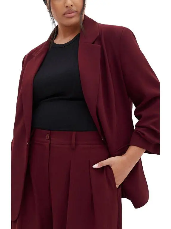 City Chic Abbie Ruched Sleeve Blazer - Dark Cherry