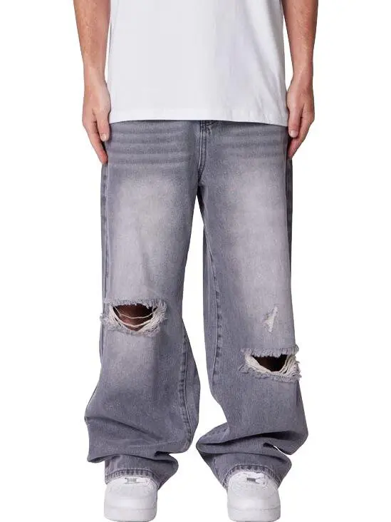 Mnml Baggy Wide Leg Ripped Jeans - Washed Grey