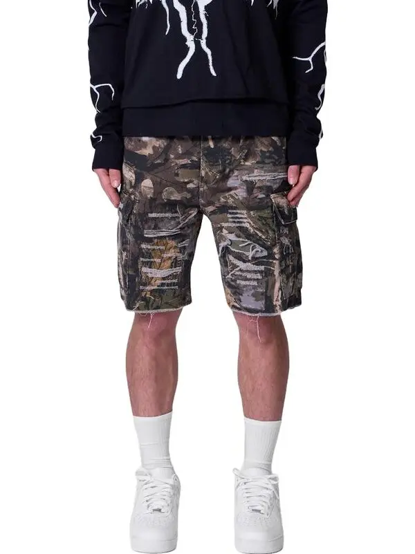 Mnml Baggy Distressed Cotton Cargo Shorts - Forest Camo