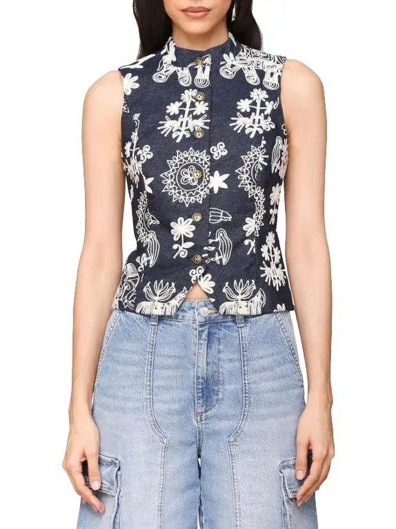 Avec Les Filles Brocade Embroidery Crop Vest - Navy-white