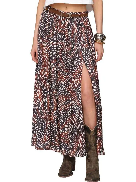Avec Les Filles Belted Slit Maxi Skirt - Brown Spotted Animal