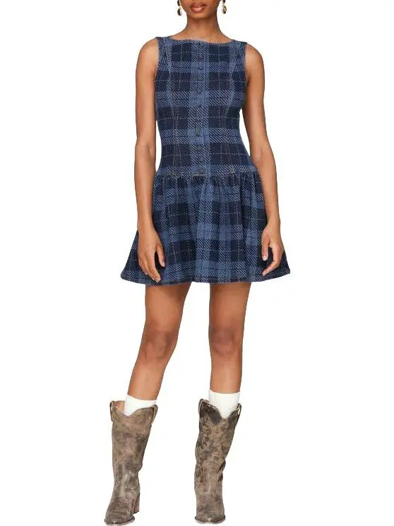 Avec Les Filles Plaid Drop Waist Denim Dress - Royal Blue Plaid