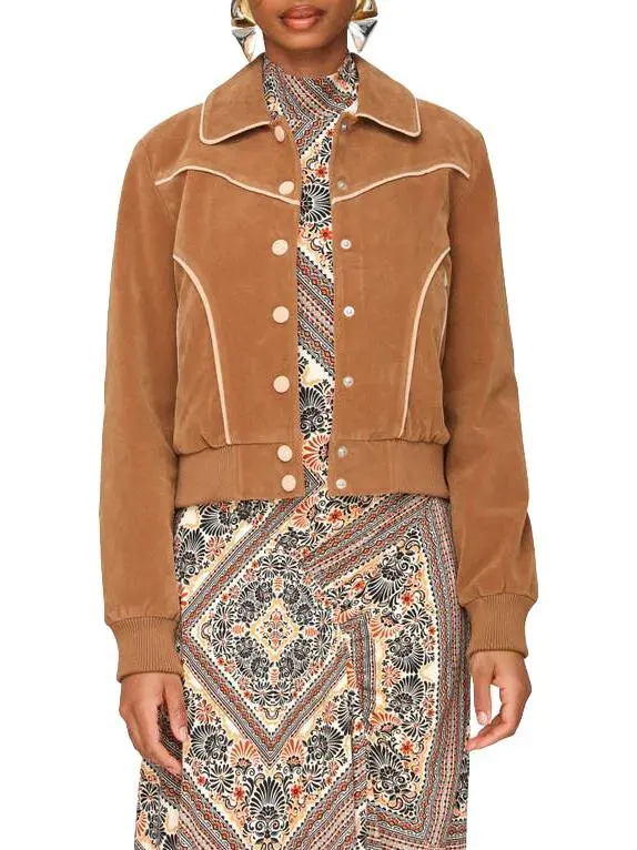Avec Les Filles Faux Suede Western Bomber Jacket - Chai
