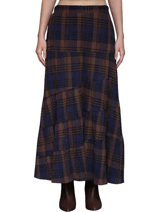 Avec Les Filles Plaid Cotton Tiered Maxi Skirt - Brown Multi