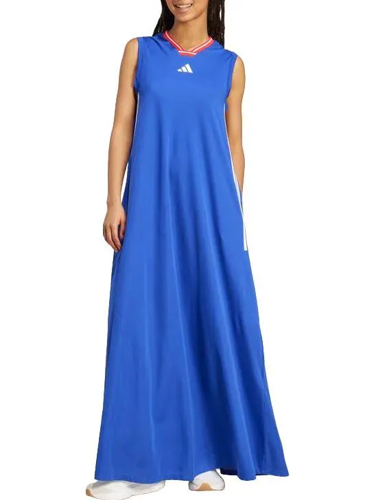Adidas Tiro 3-stripes Recycled Polyester Mesh Maxi Dress - Lucid Blue/white/ruby