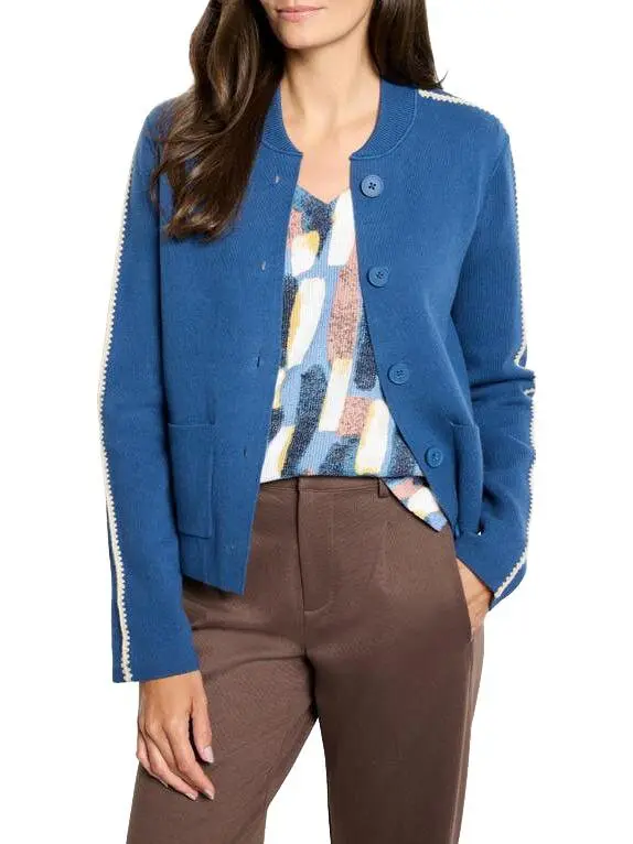 NIC+ZOE Cotton Blend Cardigan With Contrast Sleeves - Ocean