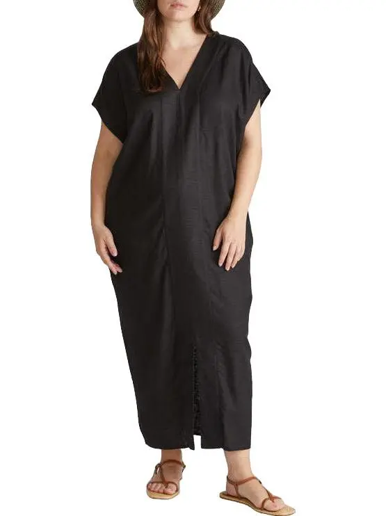 Universal Standard Cabana Linen Blend Caftan Dress - Black