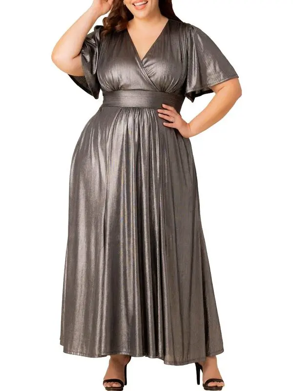 KIYONNA Metallic Flutter Sleeve Gown - Pewter