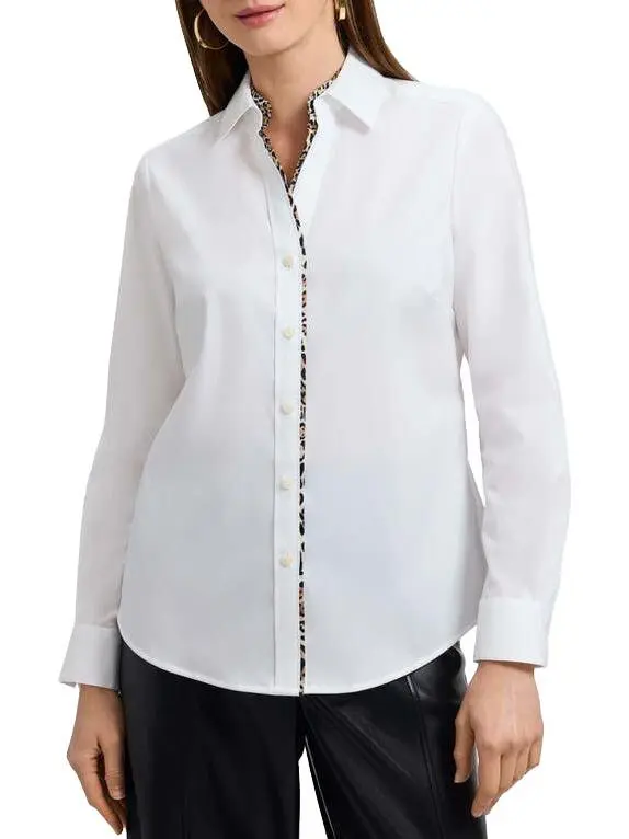 Foxcroft Cotton-blend Button-up Shirt With Leopard Trim - White