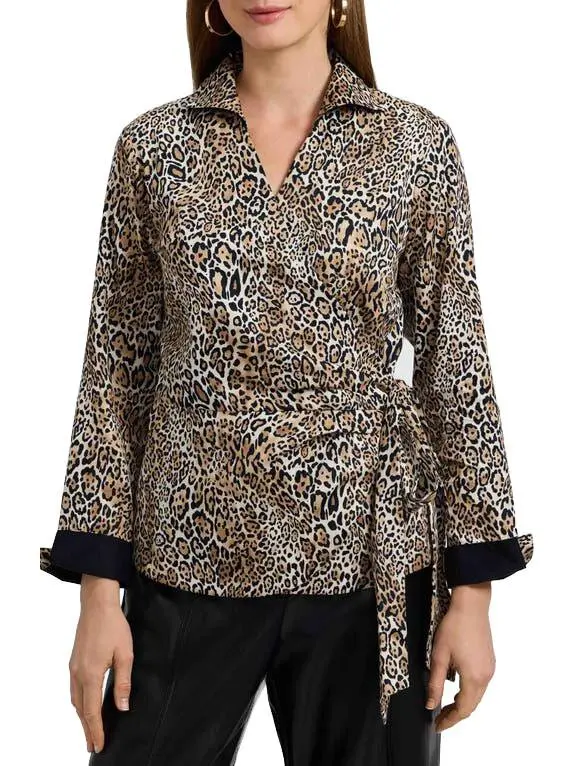 Foxcroft Salina Leopard Print Cotton Poplin Wrap Shirt - Brown Multi