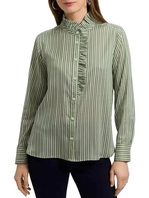 Foxcroft Sadie Stripe Ruffle Button-up Shirt - Basil Multi