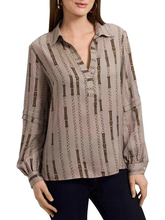 Foxcroft Chain Stripe Popover Top - Brown Multi