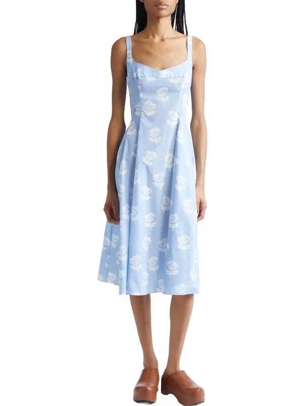 Marni Sprayed Roses Fit & Flare Cotton Poplin Midi Dress - Srb50 Iris Blue