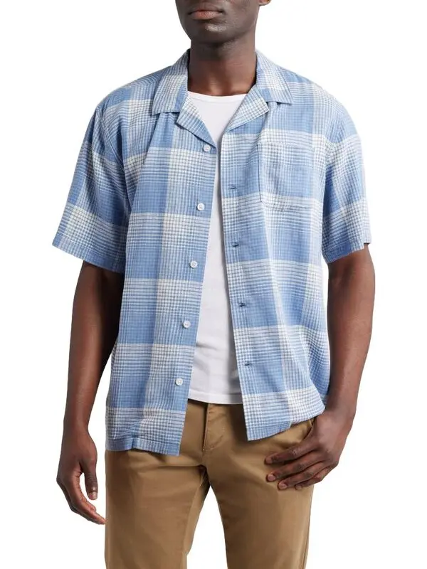 Pendleton Plaid Linen Blend Camp Shirt - Blue/white Ombre