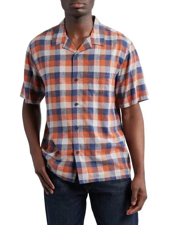 Pendleton Plaid Linen Blend Camp Shirt - Navy/ochre Check