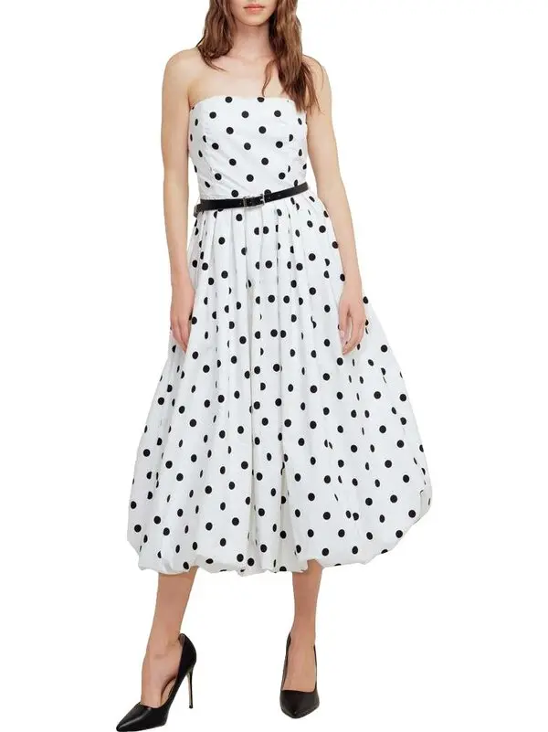 FREEMARKET Polka Dot Pleated Strapless Belted Bubble Hem Midi Dress - White