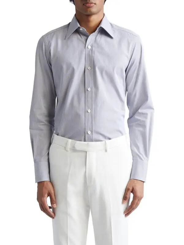 TOM FORD Classic Fit Stripe Peached Cotton Button-up Shirt - White/light Grey
