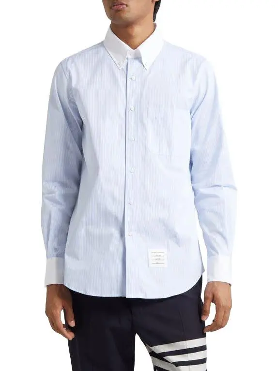 Thom Browne Micro University Stripe Straight Fit Cotton Poplin Button-down Shirt - Light Blue