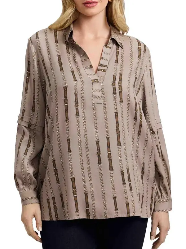 Foxcroft Chain Stripe Popover Top - Brown Multi
