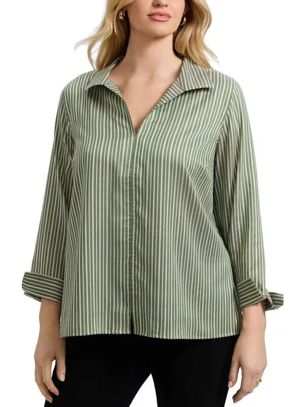 Foxcroft Agnes Stripe Three-quarter Sleeve Popover Top - Basil Multi