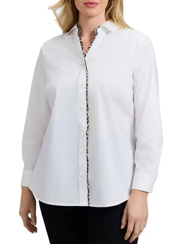 Foxcroft Marlee Leopard Trim Cotton Blend Button-up Shirt - White