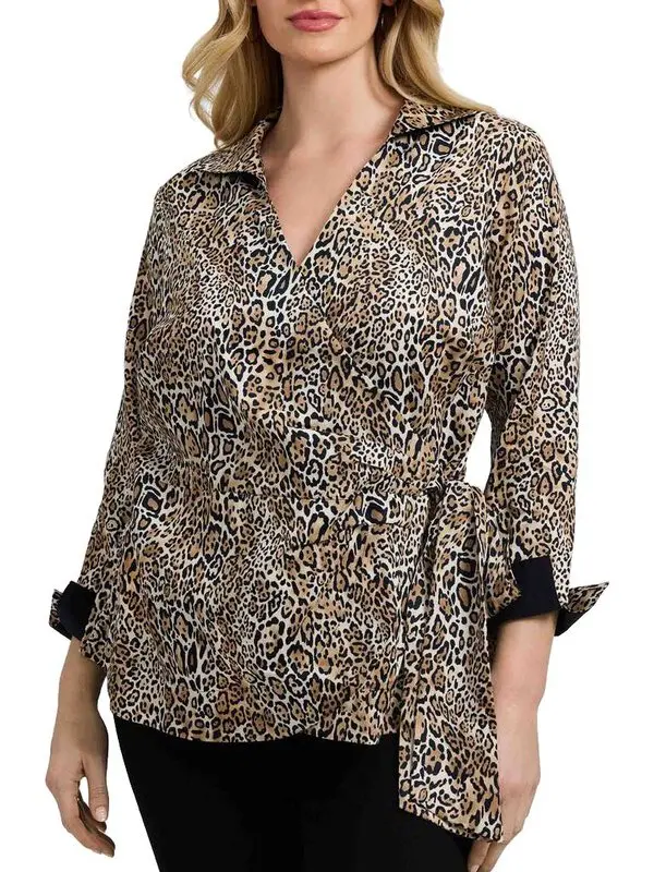 Foxcroft Salina Leopard Print Cotton Poplin Wrap Shirt - Brown Multi
