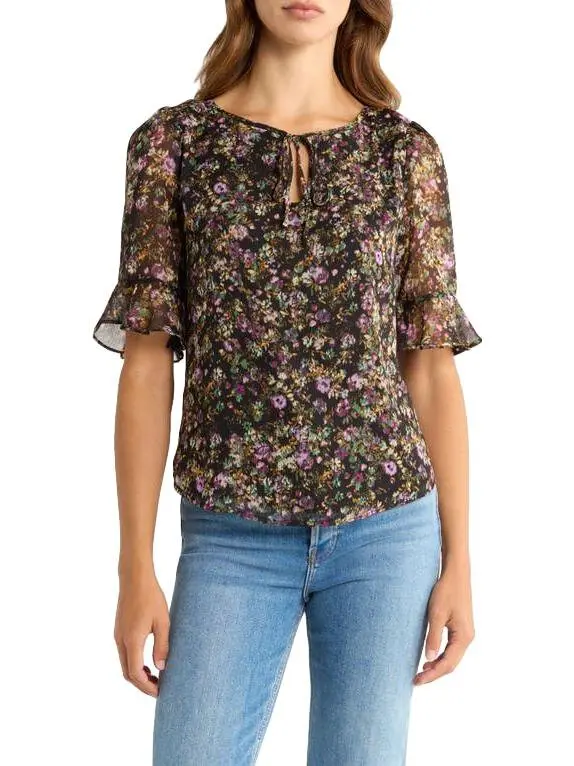 CECE DUPRAZ Floral Split Neck Top - Rich Black