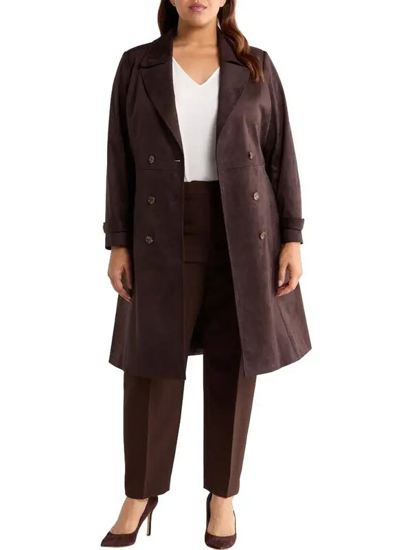 TAHARI ASL Faux Suede Trench Coat - Espresso
