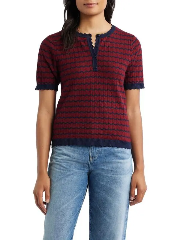 Wit & Wisdom Striped Pointelle Knit Top - Fired Brick/navy