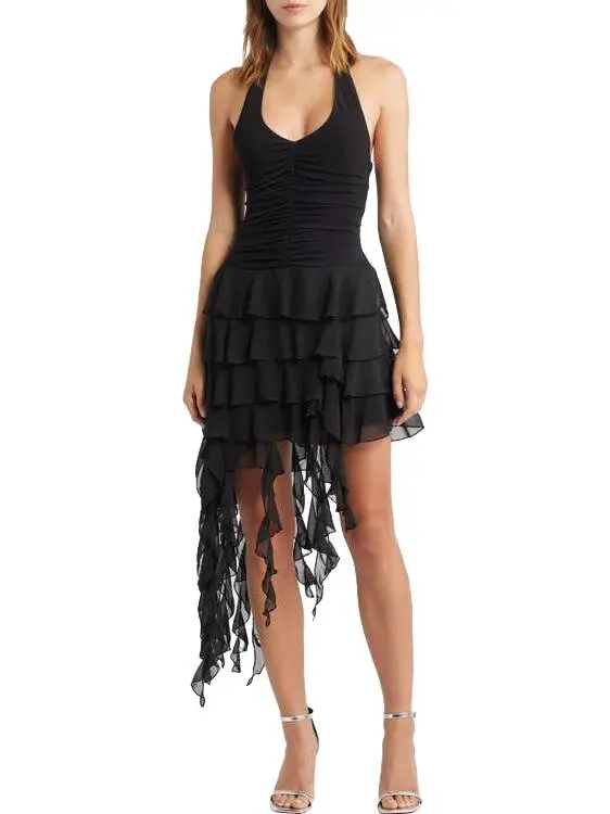 EMERALD SUNDAE Asymmetric Tiered Ruffle Halter Minidress - Black