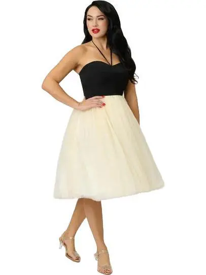 Unique Vintage Sweetheart Halter Swing Dress - Black & Ivory