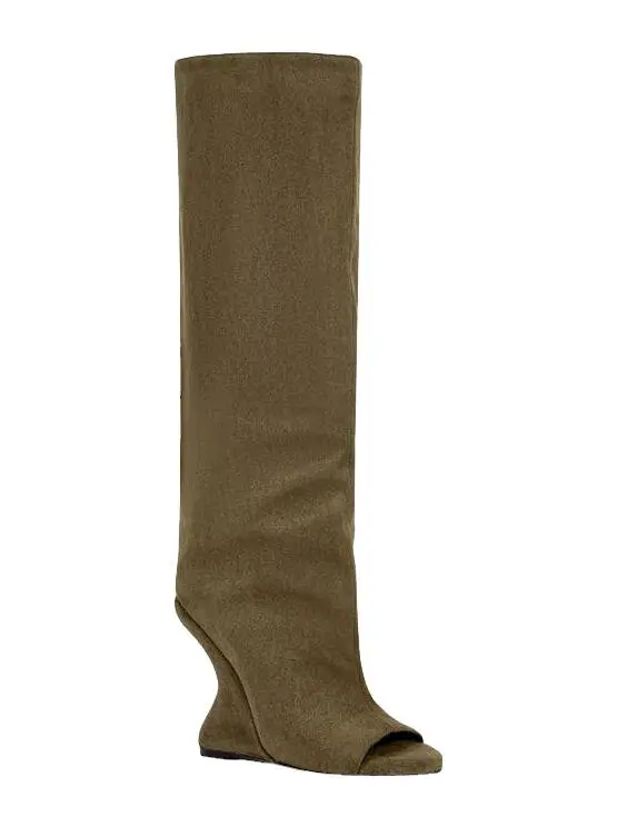 AZALEA WANG Vincent Knee High Open Toe Boots - Olive