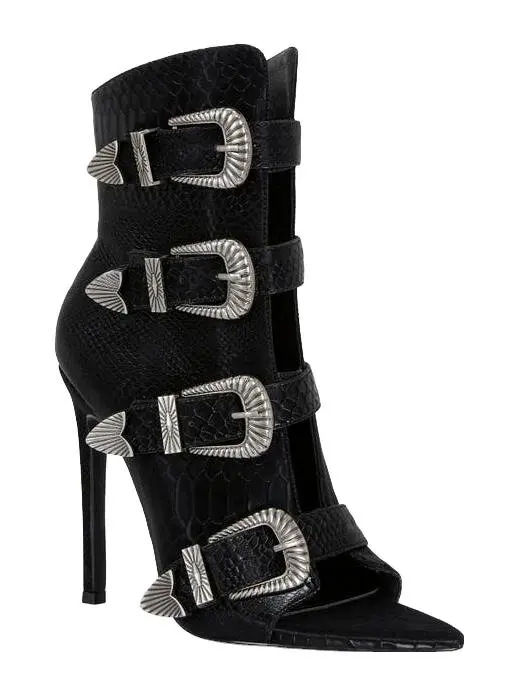AZALEA WANG Snakeskin Embossed Open Toe Bootie - Black