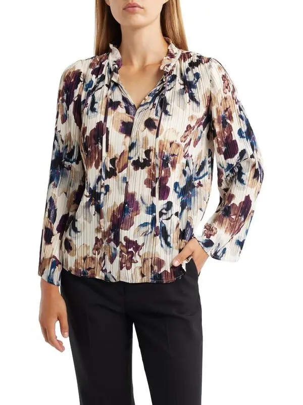 Anne Klein Floral Pleated Tie Neck Top - White Dove Multi