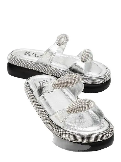 PROLOGUE SHOES Finery Embellished Platform Slides - Silver Faux Leather
