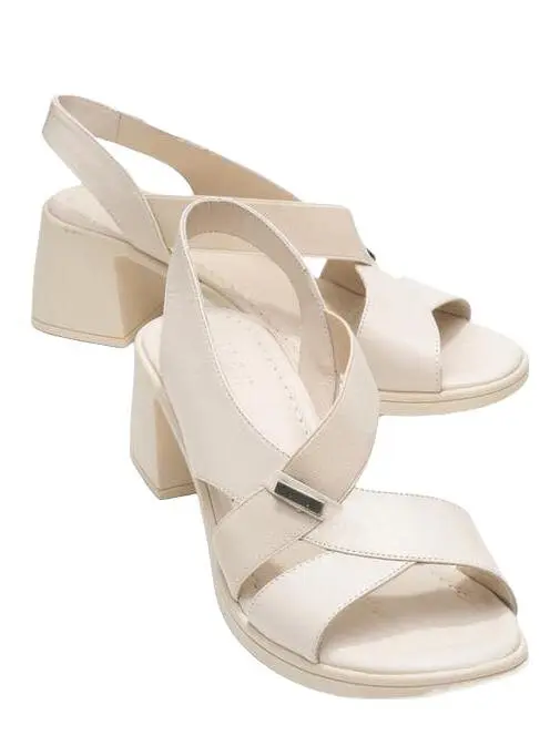 FOREVER & ALWAYS SHOES Crina Elasticated Leather Chunky Heel Sandals - Beige Leather