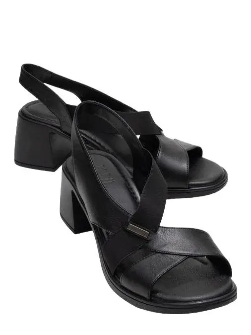 FOREVER & ALWAYS SHOES Crina Elasticated Leather Chunky Heel Sandals - Black Leather
