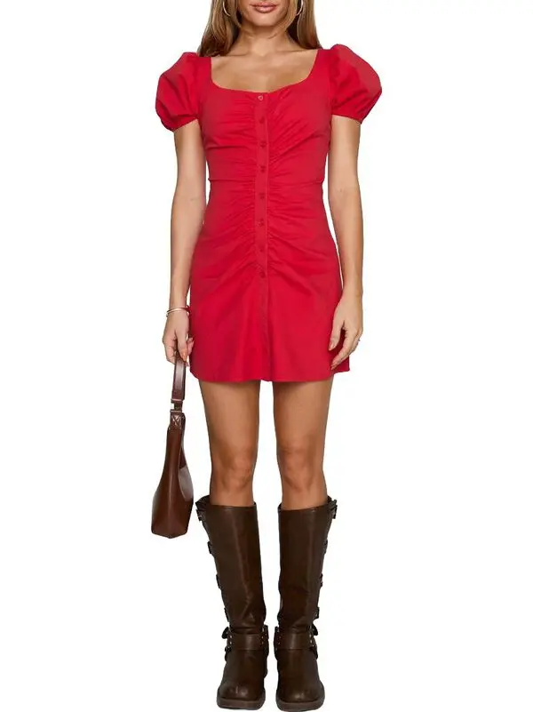Princess Polly Ruched Mini Dress With Puff Sleeves - Red