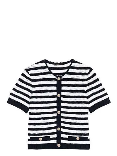 Maje Round-neck Striped Cropped Crochet Cardigan - White/navy