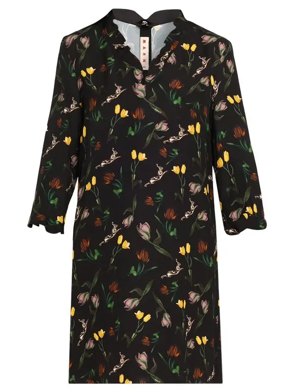 Marni Floral Ruffle 3/4-sleeve Mini Dress - Black