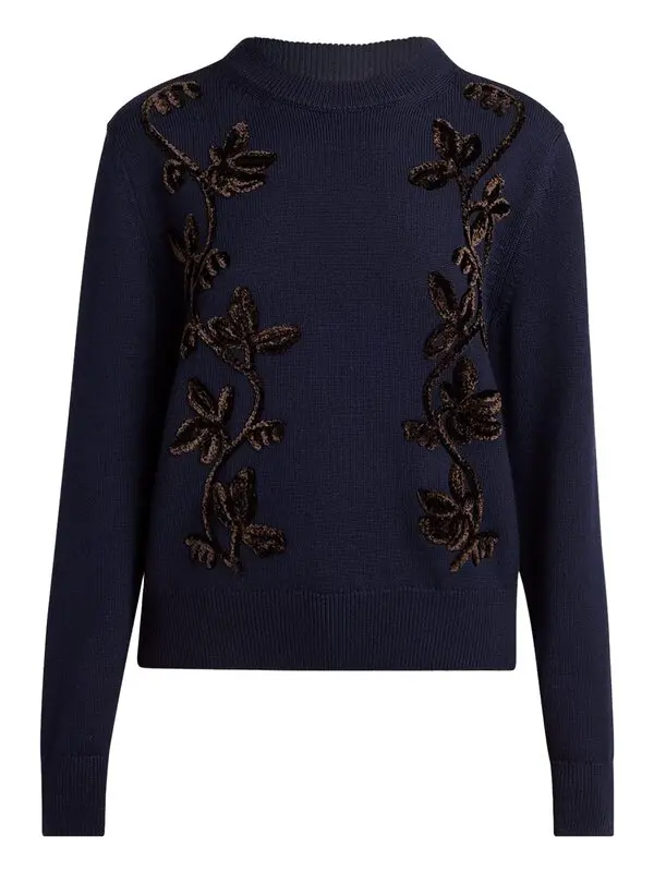JIL SANDER Floral Embroidered Merino Wool Crewneck Sweater - Navy
