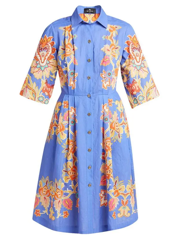 Etro Pleated Bouquet Shirtdress - Print On Pale Blue B